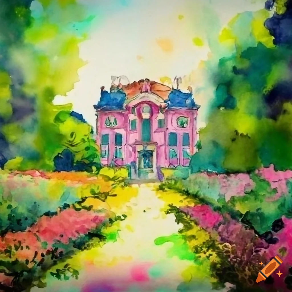 Rococo mansion in a garden depicted in watercolor on Craiyon
