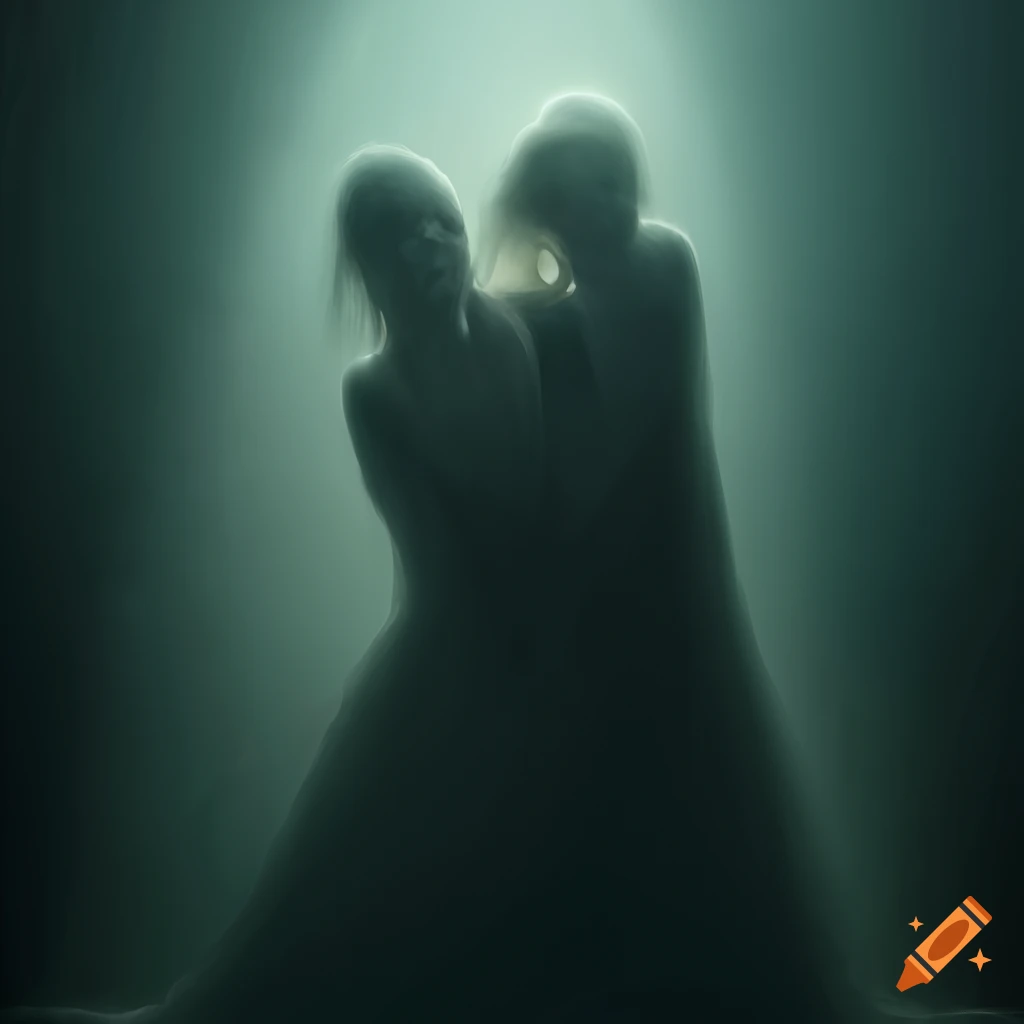 Pale humanoid figures embracing in misty sunlit shadows with intricate ...