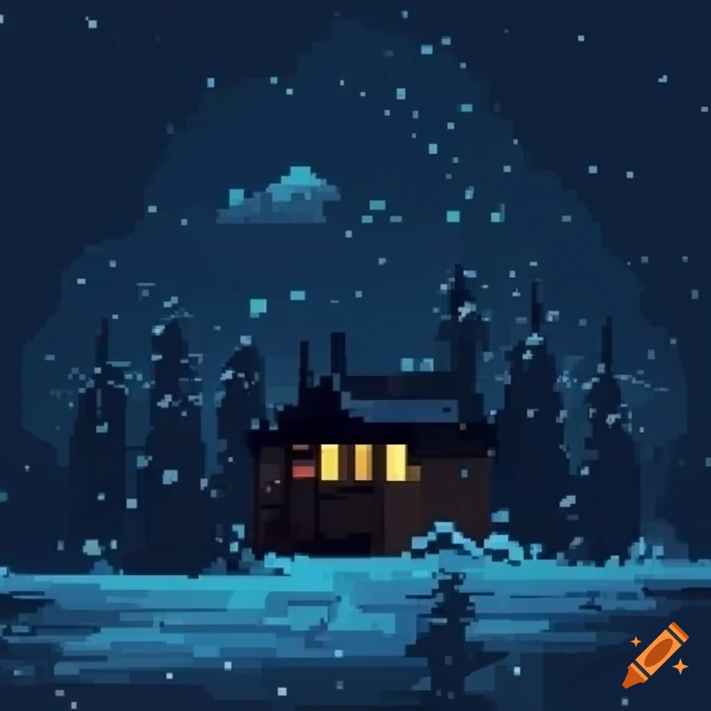 Pixel art of a dark snowy winter train station on Craiyon