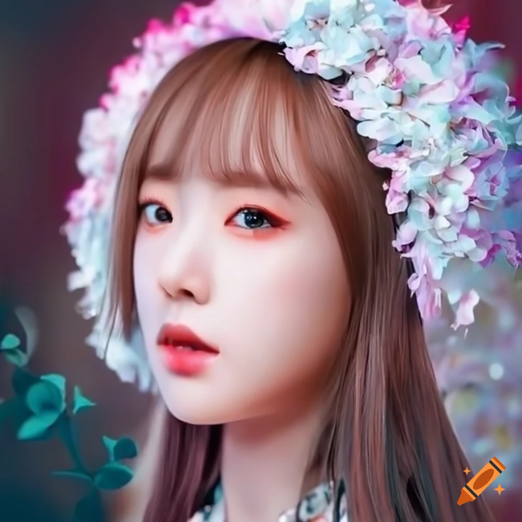 Portrait of a cute girl kpop idol with flower background on Craiyon