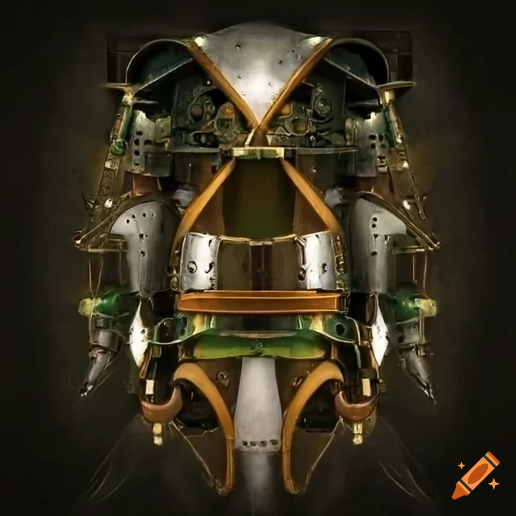 Front view of a steampunk medieval magic exoskeleton suit with vertical ...