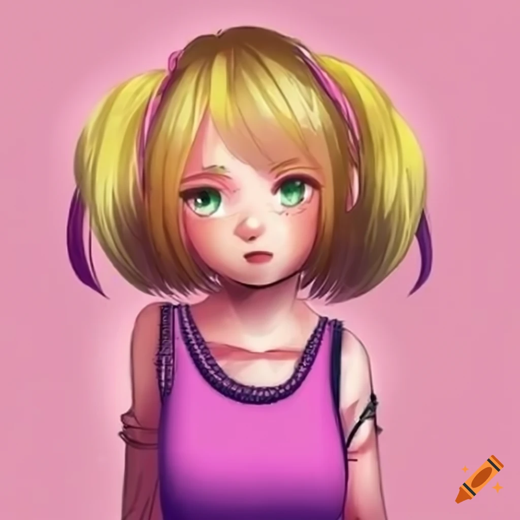 Anime Girl With Blonde Hair And Green Eyes In A Pink Sleeveless T Shirt
