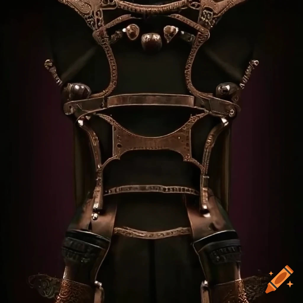 Steampunk medieval magic exoskeleton suit front view with vertical ...