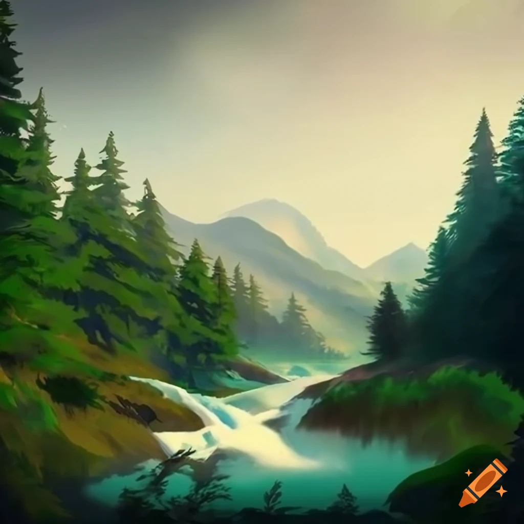 Tranquil landscape with snow-capped mountains, forested hills, and lush green trees on Craiyon