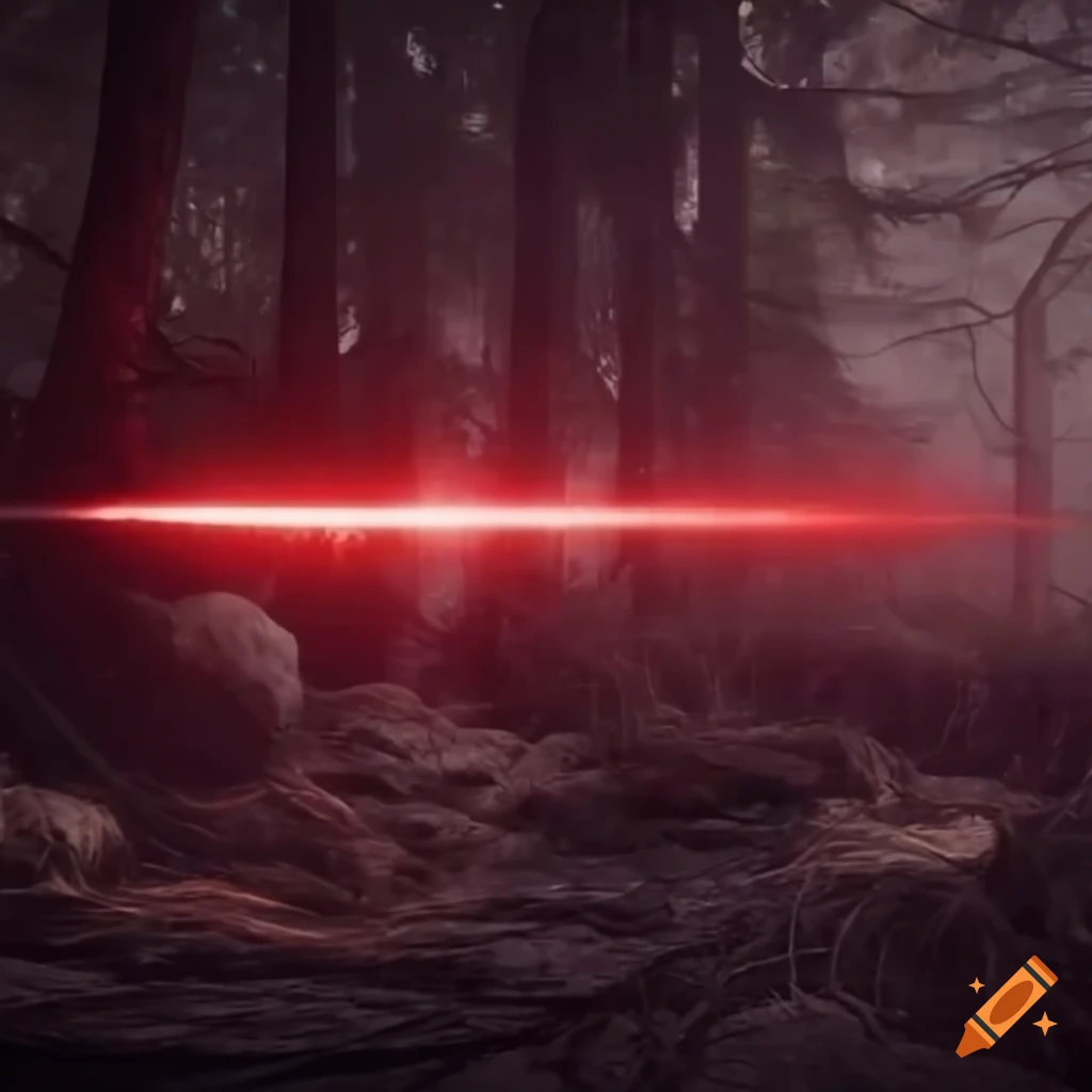 Red-white laser spark beam with explosion in forest fog on Craiyon