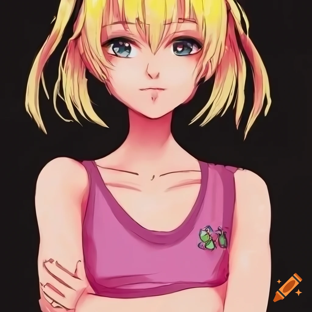 Anime Girl With Blonde Hair And Green Eyes In A Light Pink Sleeveless T Shirt With Crossed Arms