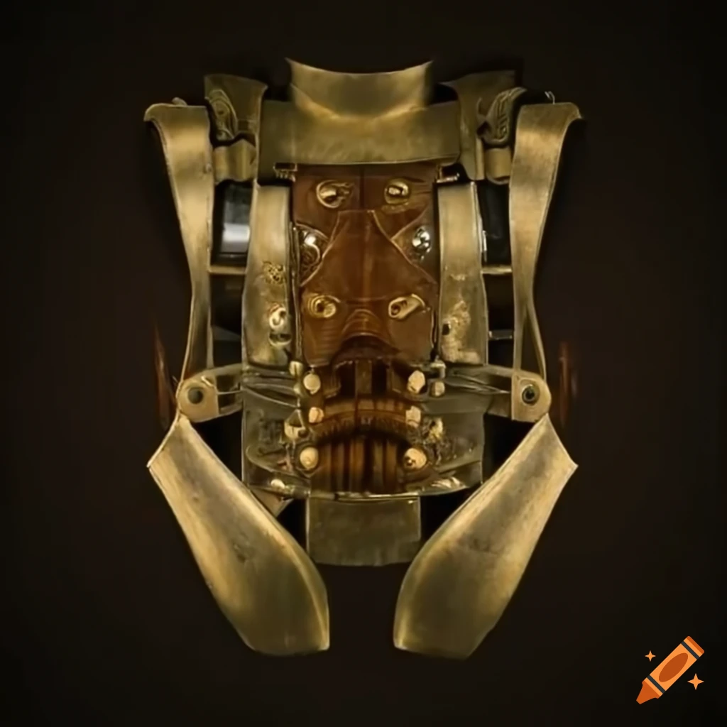 Steampunk medieval magic exoskeleton suit front view with vertical ...