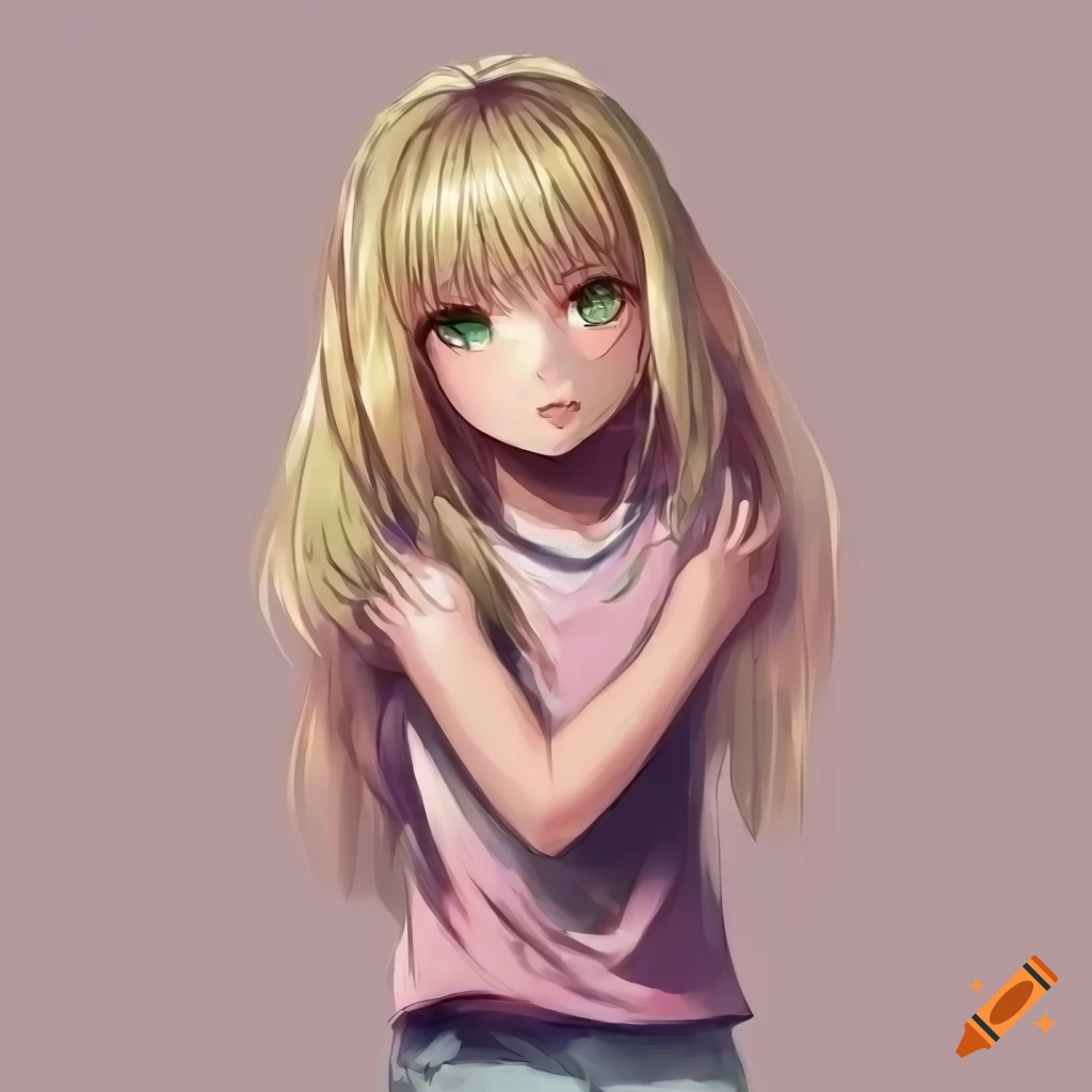 Anime Girl With Blonde Hair And Green Eyes In A Light Pink Sleeveless T Shirt With Crossed Arms