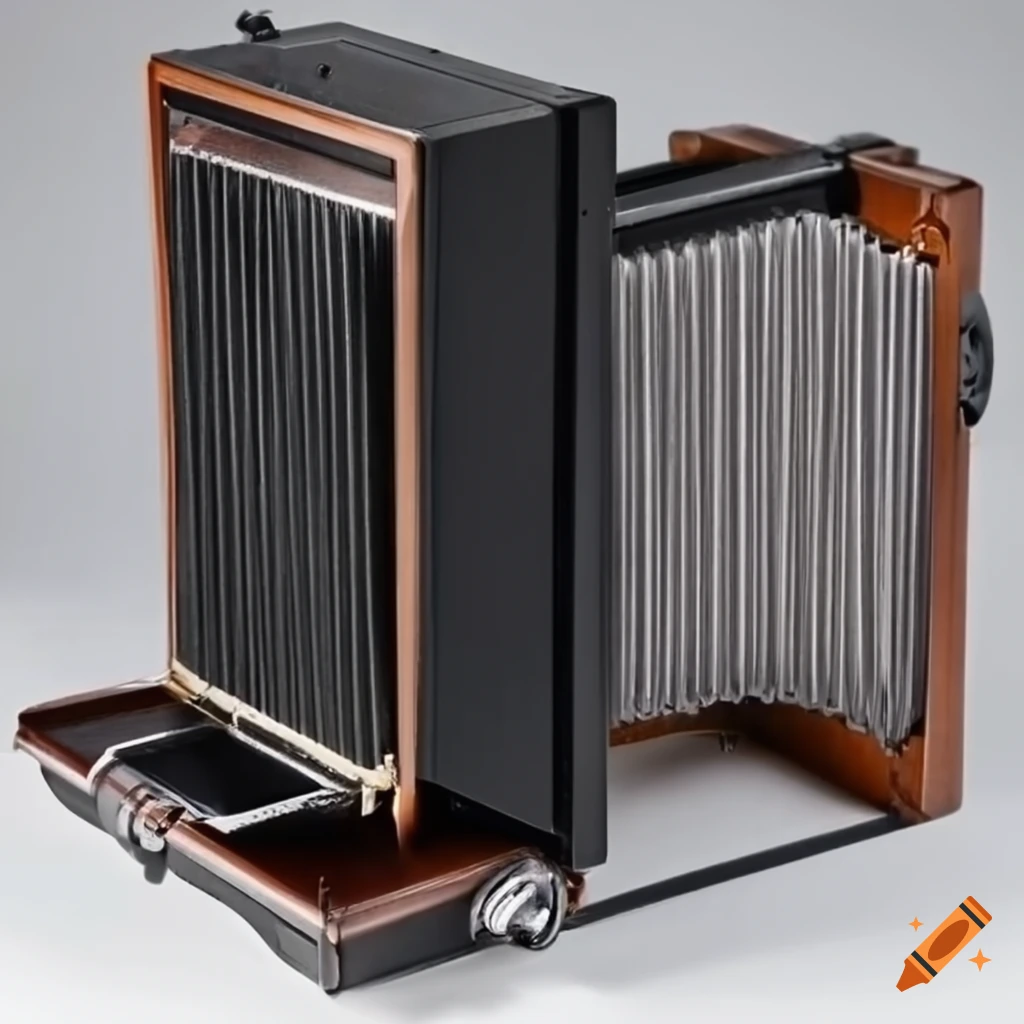 Large format press camera with bellows capturing the moon on Craiyon