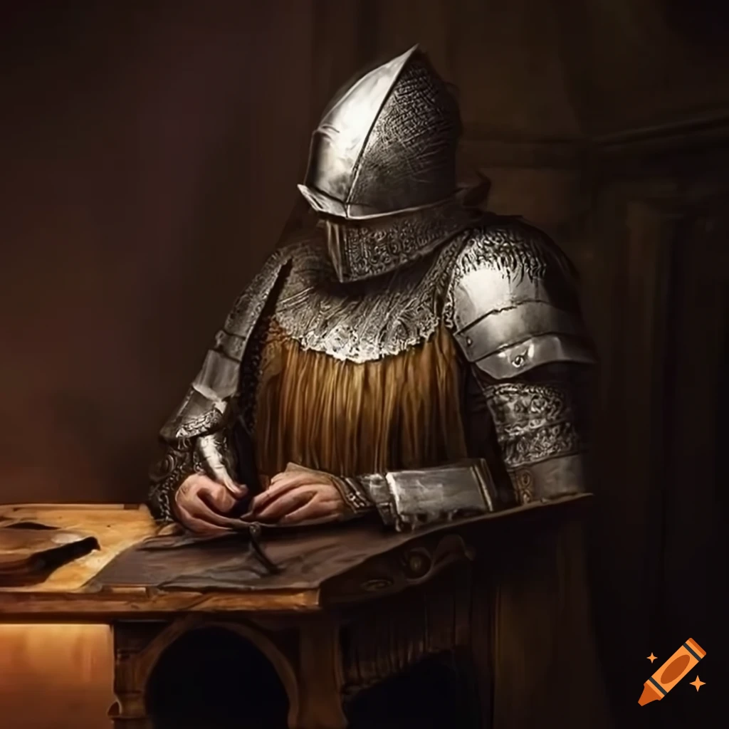 Knight in iron mask writing with a quill in a medieval room at night on ...