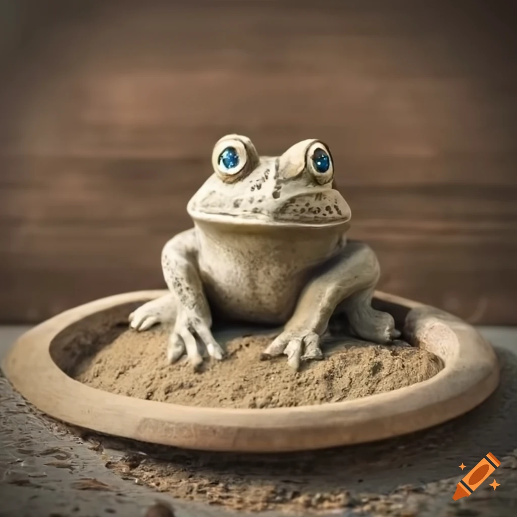 Stone statue of a frog-like creature with a wooden tray of sand on Craiyon