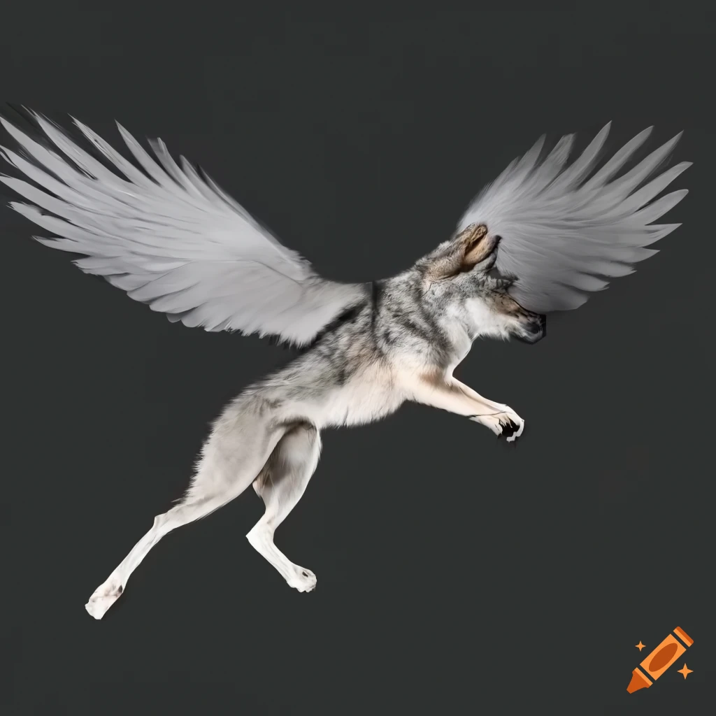 Winged wolf in flight against a plain background on Craiyon