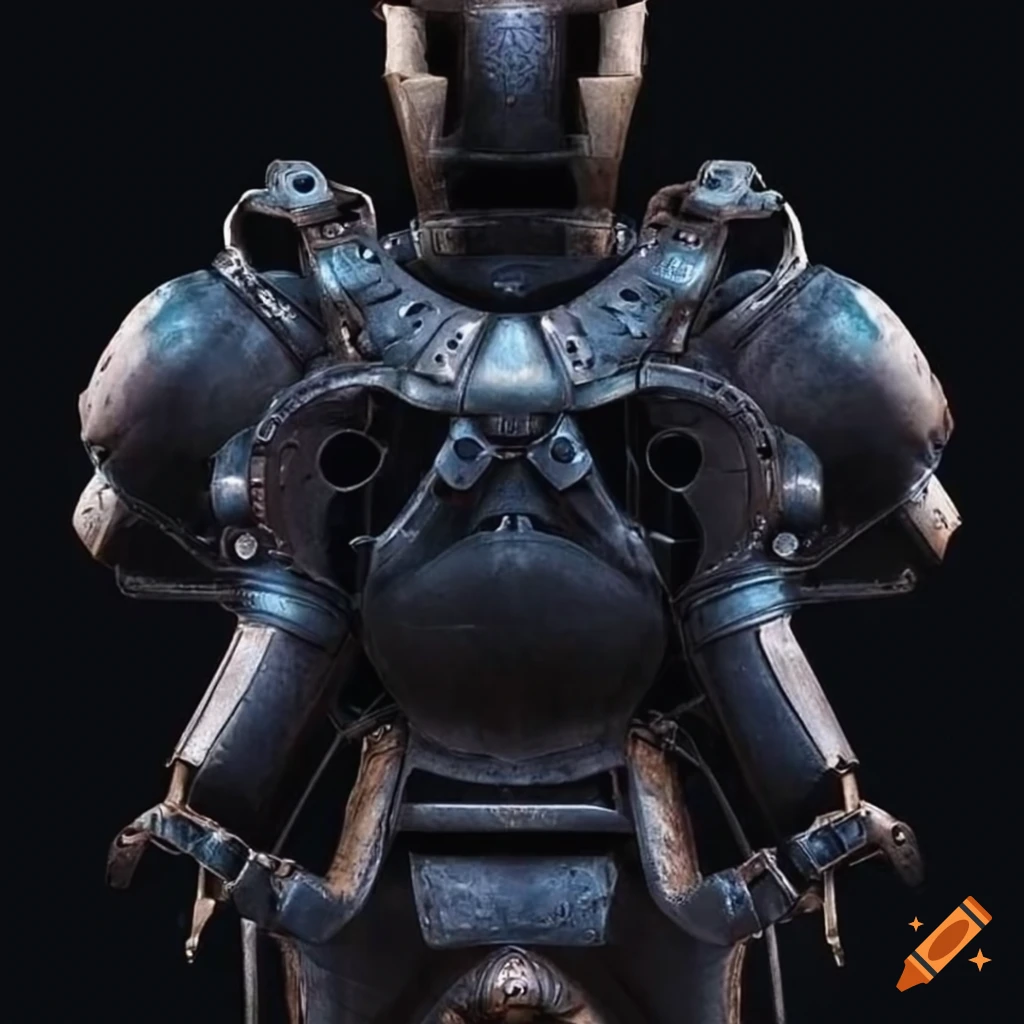 Front view of a medieval adorned magic exoskeleton suit with vertical ...