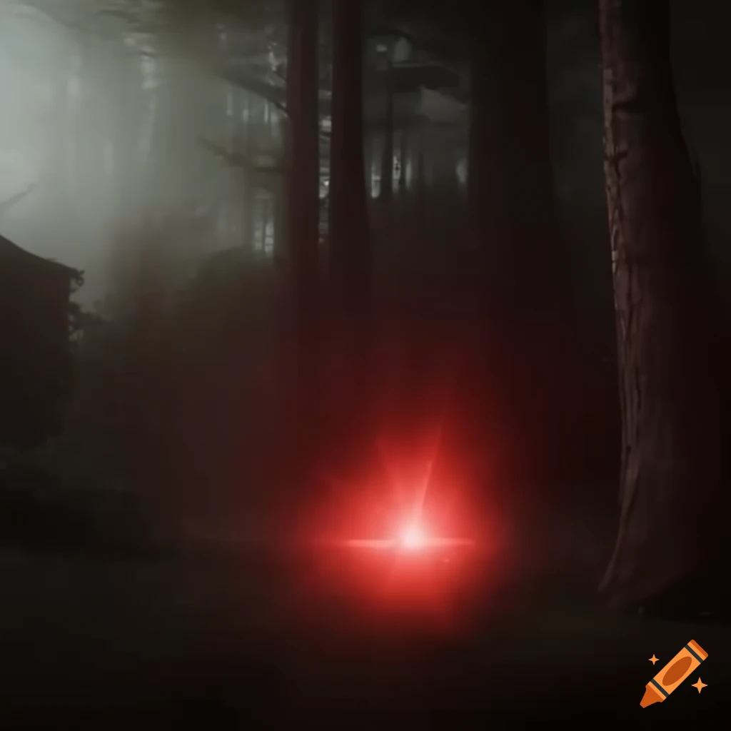 Red-white laser spark beam with explosion in a foggy forest on Craiyon