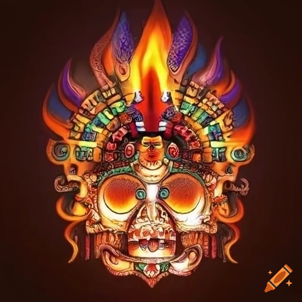 Ancient aztec art with joyous flames and colorful intricate corners on ...