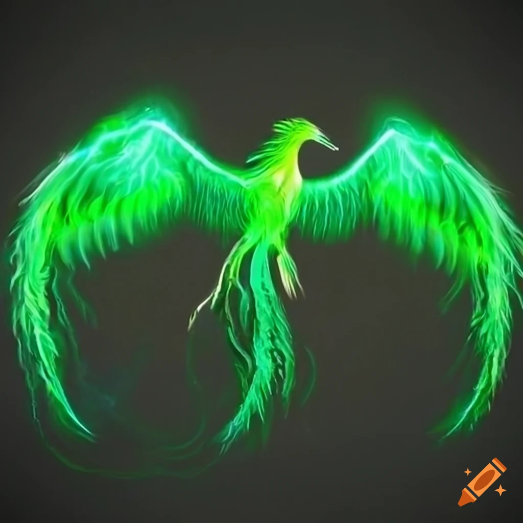 Neon green phoenix rising from flames on Craiyon