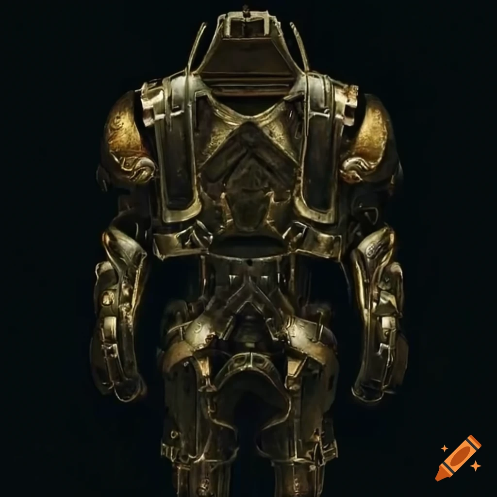 Front view of a medieval magic exoskeleton suit with vertical symmetry ...