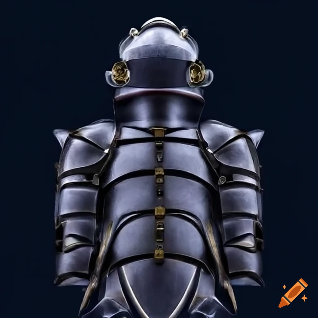 Medieval-inspired magic exoskeleton suit with front view and vertical ...