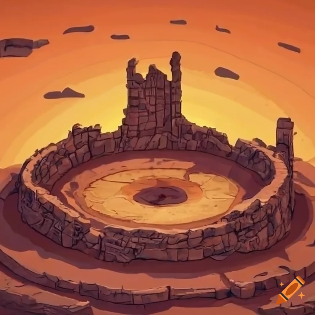Boardgame desert theme with ancient ruins on a circular flat ...