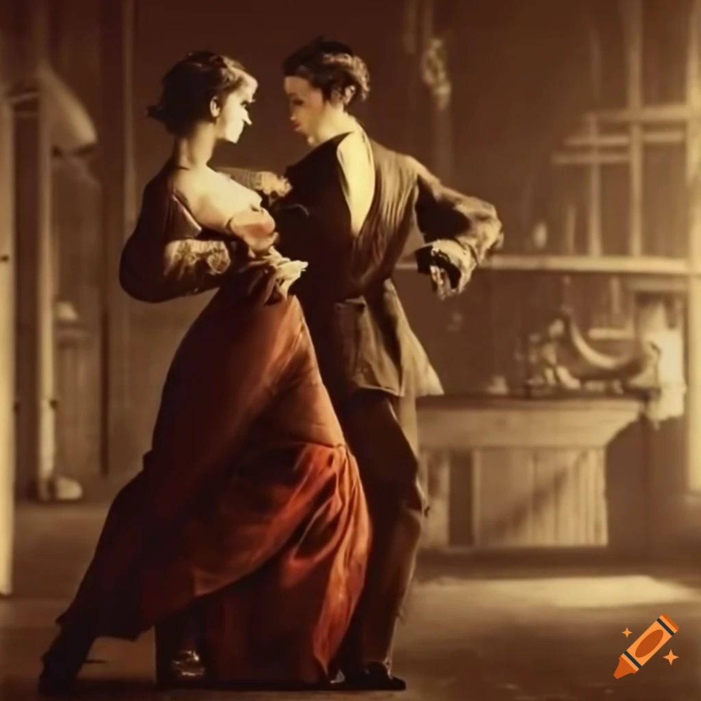 Tango dancers in a 19th-century factory setting resembling an old photo ...
