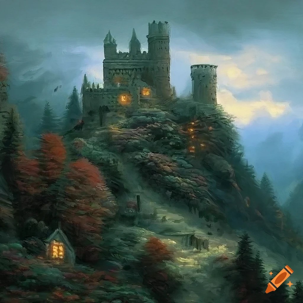 Sinister castle at the foot of mountains surrounded by stone walls and ...