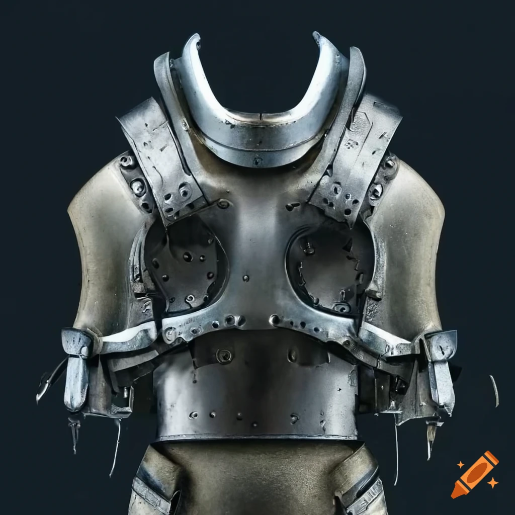 Front close-up view of a medieval magic exoskeleton suit with vertical ...