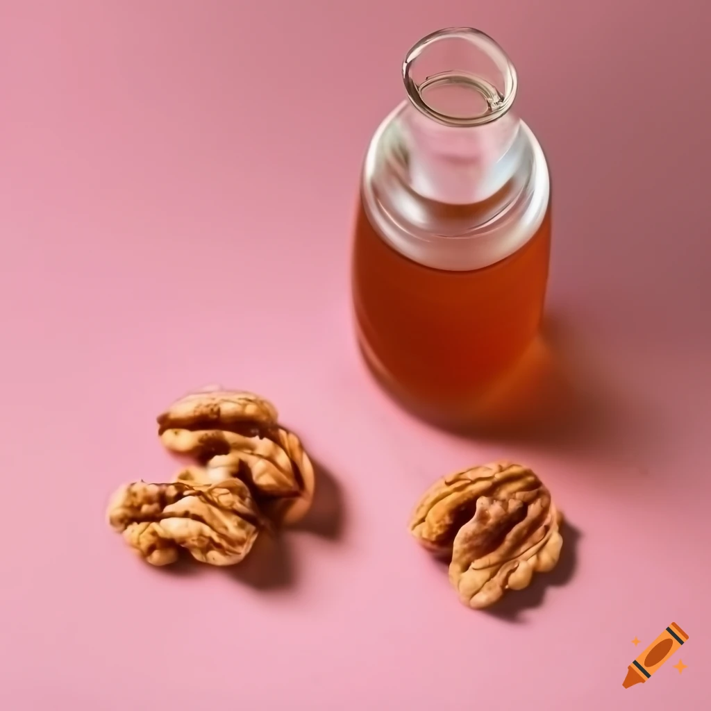 Maple syrup walnut pieces on a light pink background on Craiyon