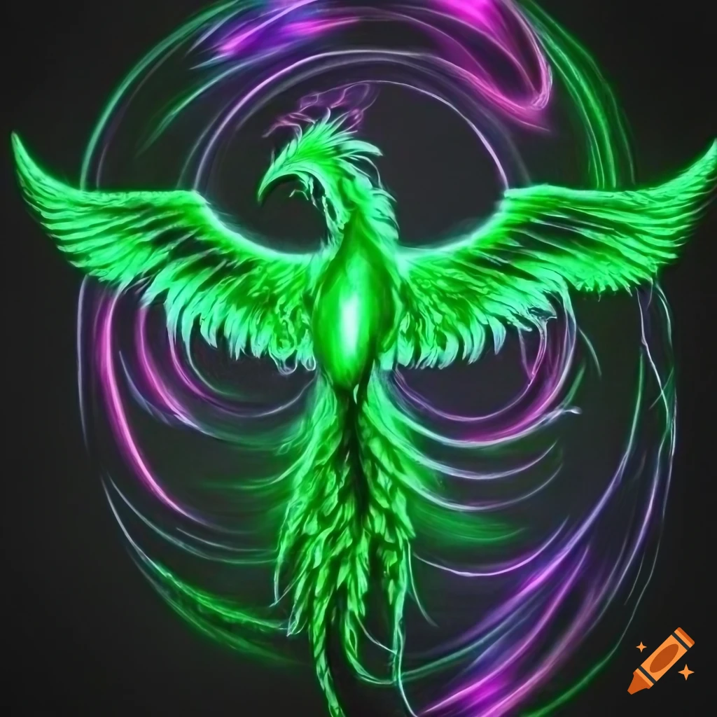 Detailed neon green phoenix on a black background on Craiyon