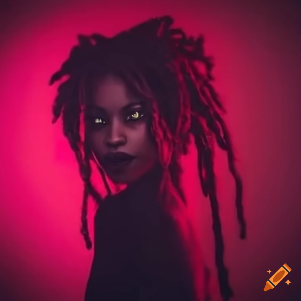 Beautiful vampire woman with dreadlocks in a dimly lit red environment ...