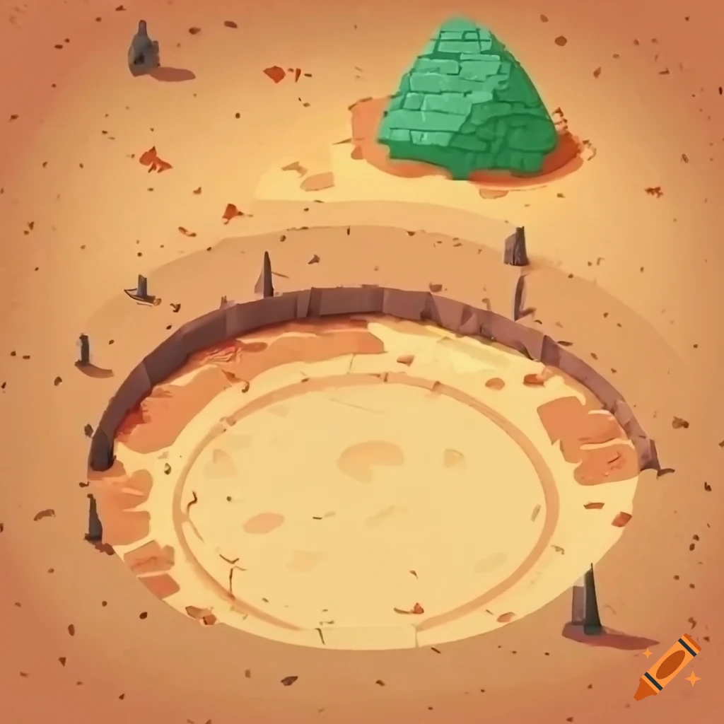 Desert themed circular flat battlefield with ancient ruins on Craiyon