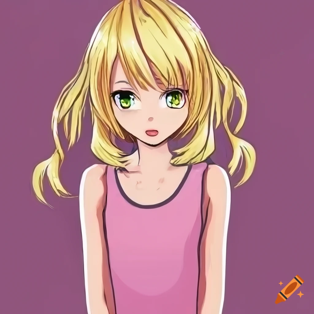 Anime Girl With Blonde Hair And Green Eyes In A Pink T Shirt On Craiyon