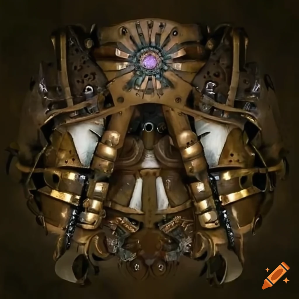 Steampunk medieval magic exoskeleton suit from the front view with ...