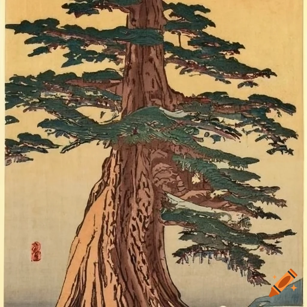 Japanese woodblock print of a cedar tree in ukiyo-e style on Craiyon