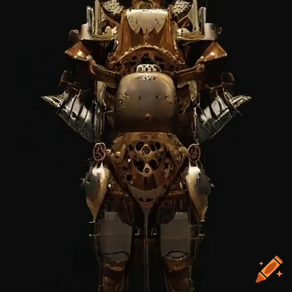 Front view of a steampunk medieval magic exoskeleton suit with vertical ...