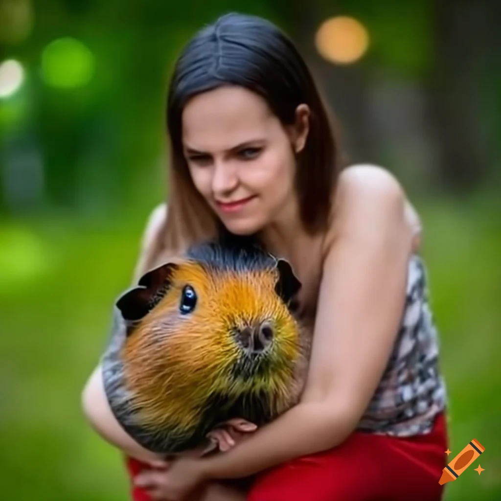 Beautiful woman riding a giant guinea pig on Craiyon
