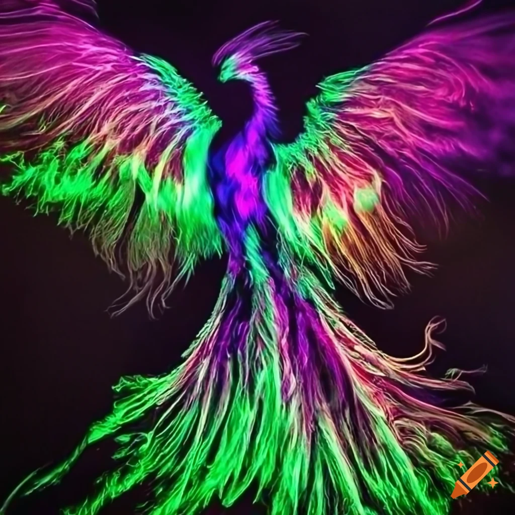 Neon emerald green and purple phoenix rising from flames on Craiyon