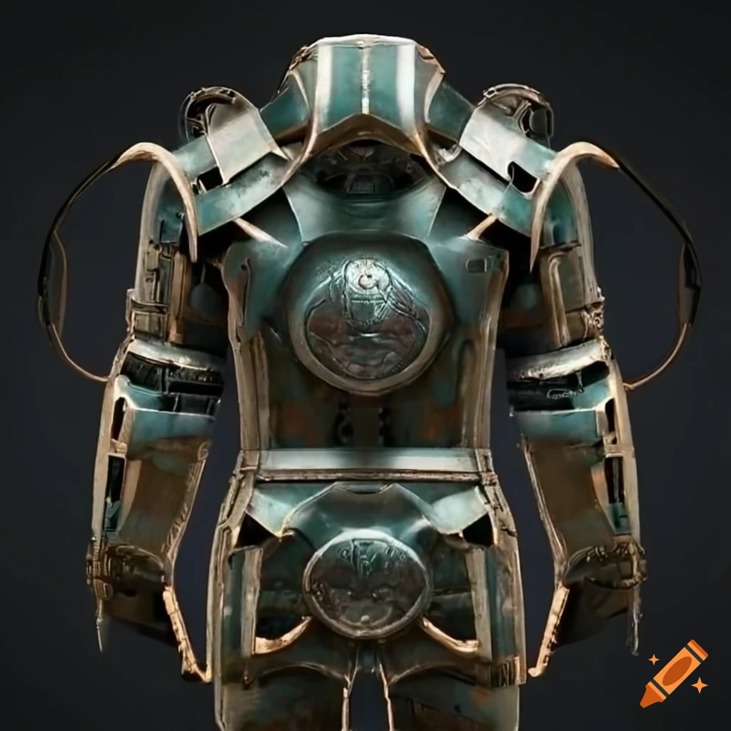 Front view of a medieval magic exoskeleton suit with vertical symmetry ...