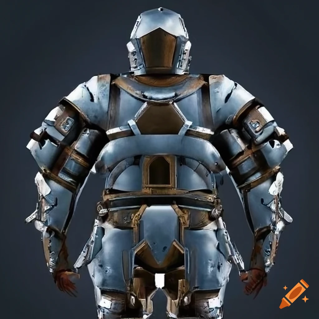 Front view of a medieval magic exoskeleton suit with vertical symmetry ...