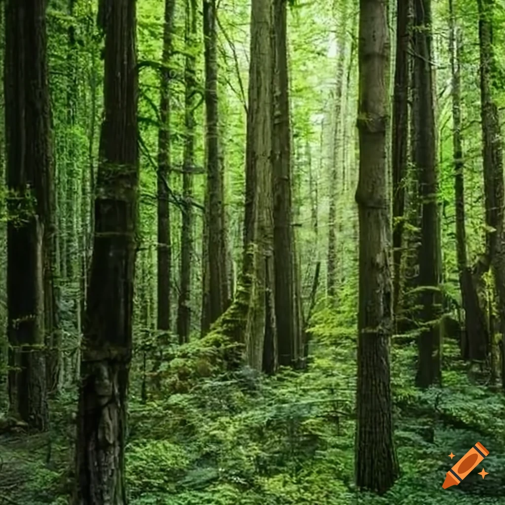Diverse old growth temperate forest in summer sunlight on Craiyon