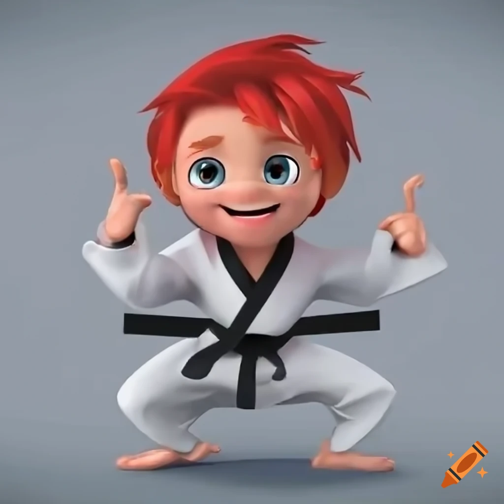Dynamic cartoon character with red hair and black belt in taekwondo on ...