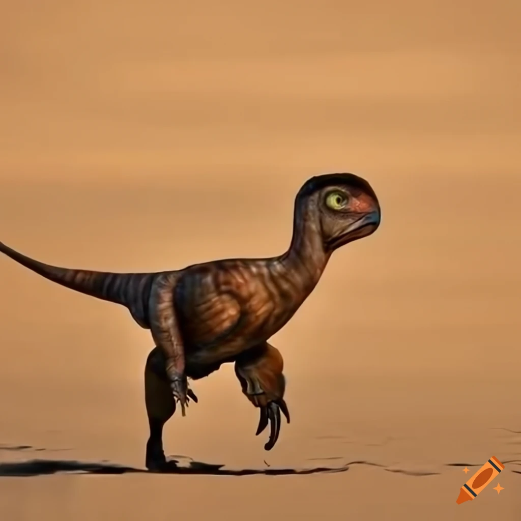 Feathered velociraptor in the Mongolian desert on Craiyon