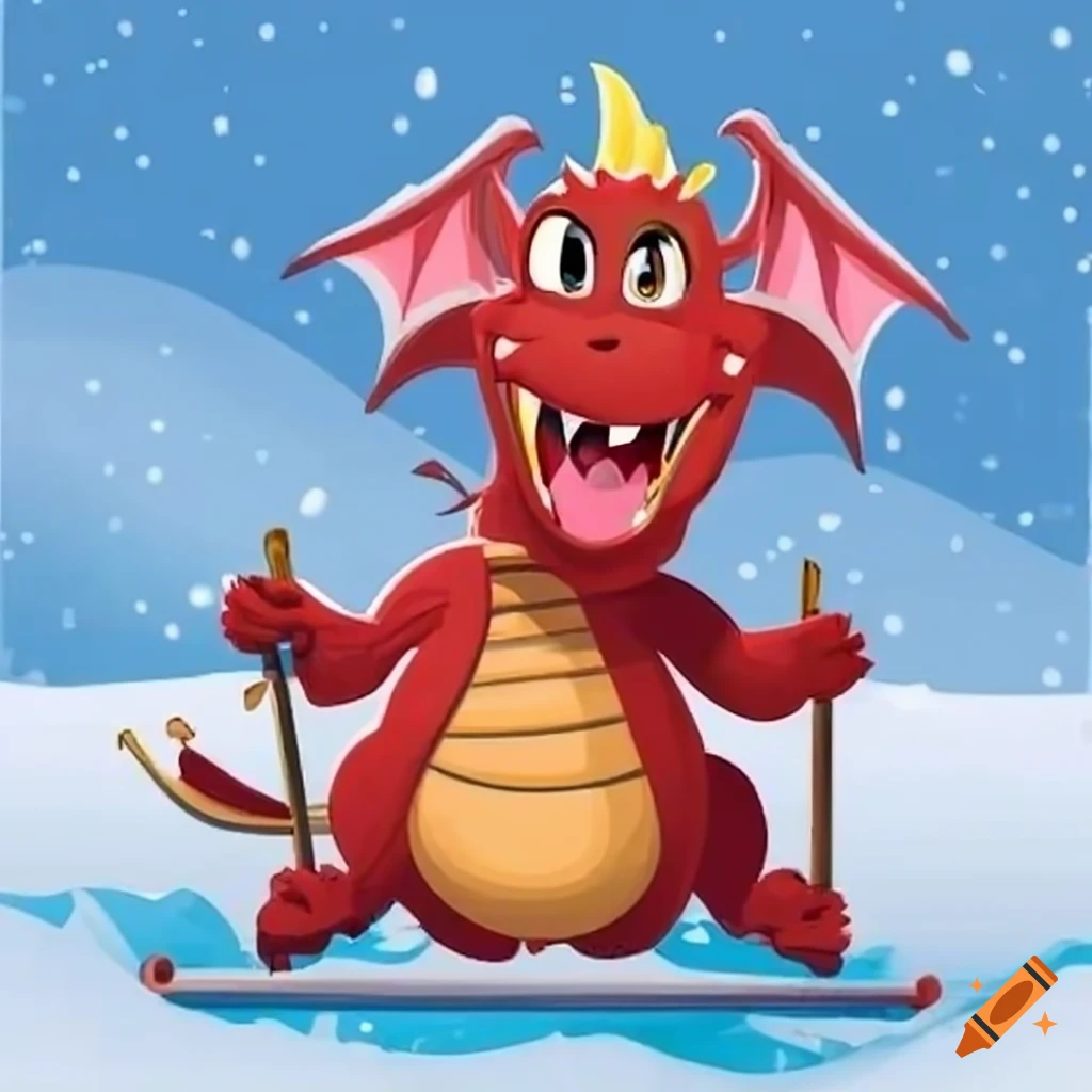 Cartoon dragon with skis in the snow on Craiyon