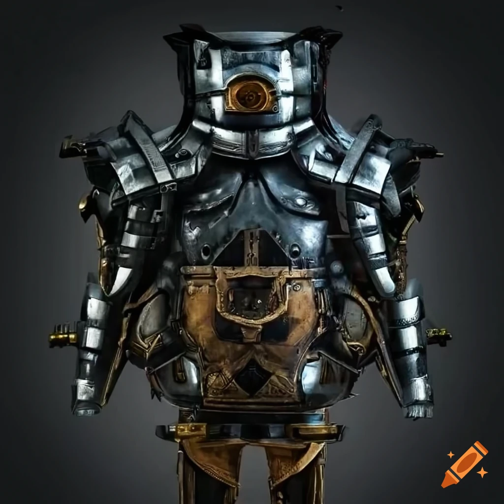 Front view of a medieval magic exoskeleton suit with vertical symmetry ...