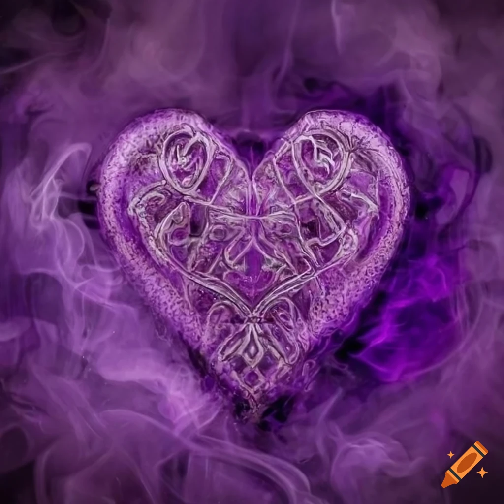 Celtic pattern glass heart with purple smoky fluid on Craiyon