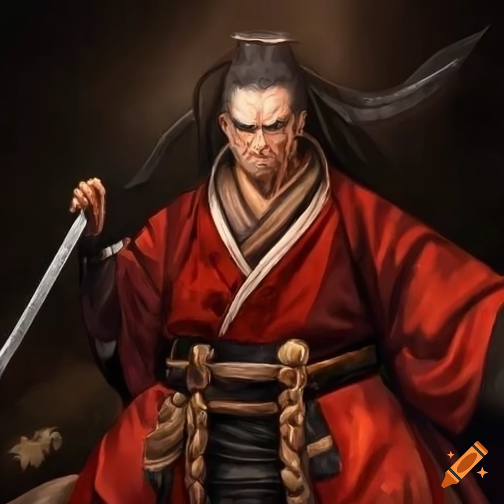 Painting of oden, a middle-aged master swordsman in a red kimono with ...