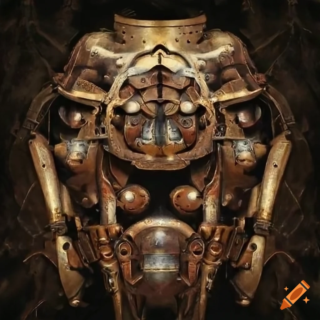 Steampunk medieval magic exoskeleton suit with vertical symmetry on Craiyon