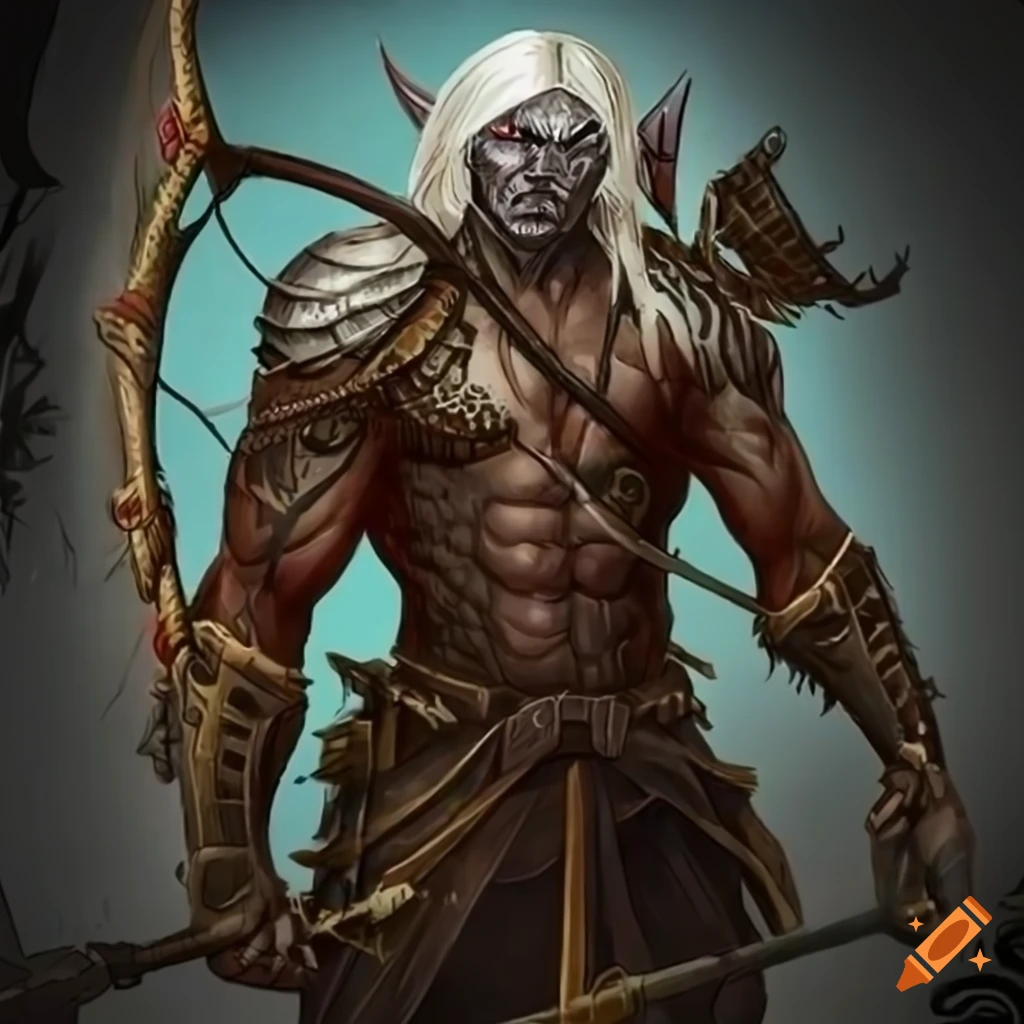 Imposing half-drow half-giant hunter with glowing yellow eyes and ...