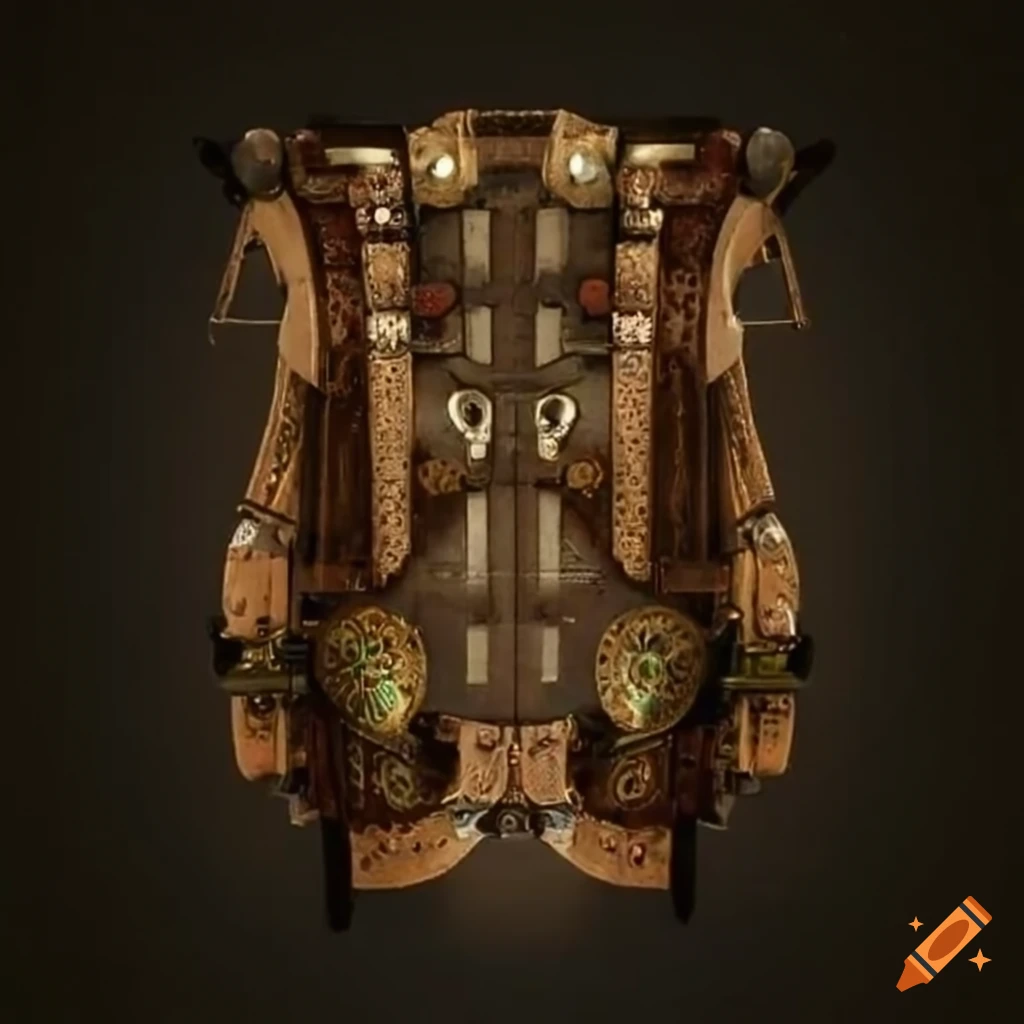 Steampunk medieval magic exoskeleton suit front view with vertical ...