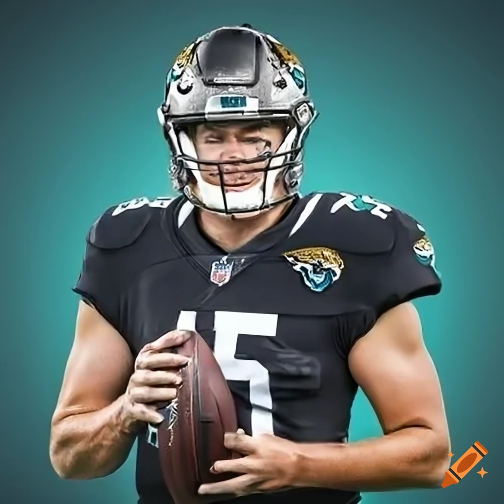 Mac Jones in Jacksonville Jaguars uniform on teal background on Craiyon