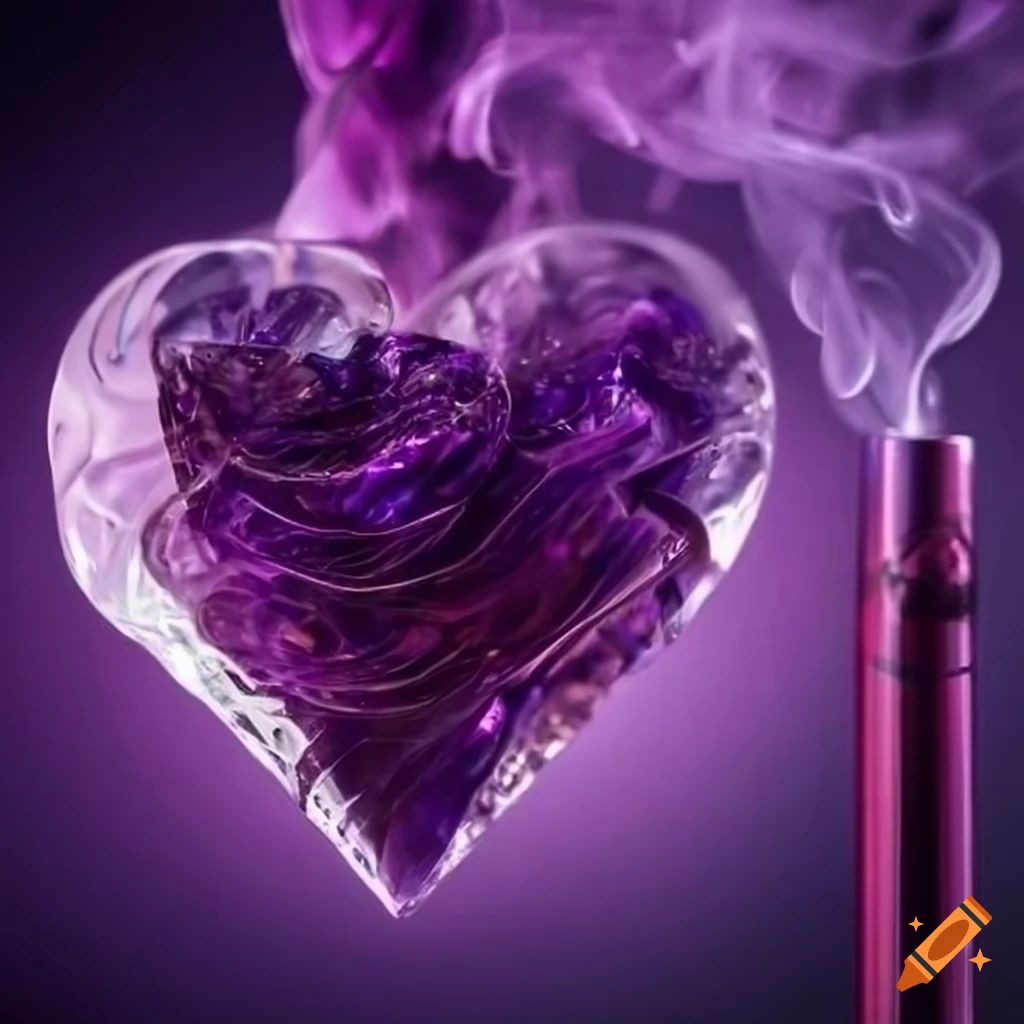 Crystal heart with interwoven glass tubes filled with purple smoky ...